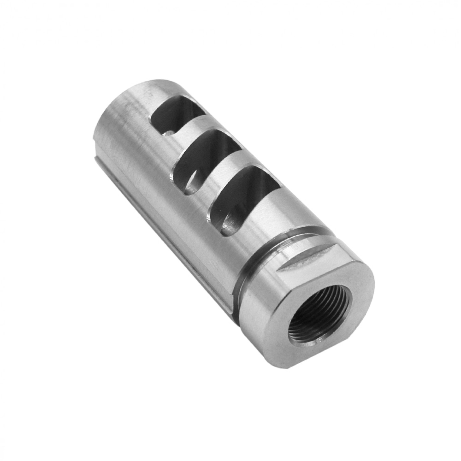 AR-15 Stainless Steel Muzzle Brake Tri Port Sides w/ Solid Top-Bottom